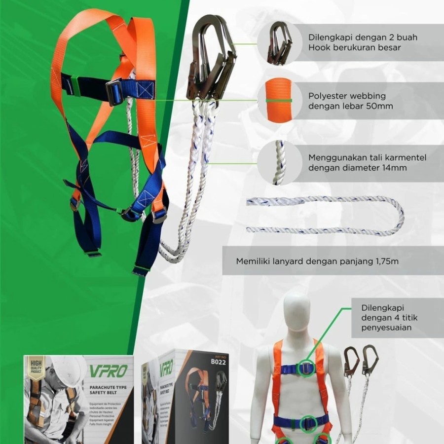 Body harness big hook double lanyard + absorber B032 VPRO – trademall.id